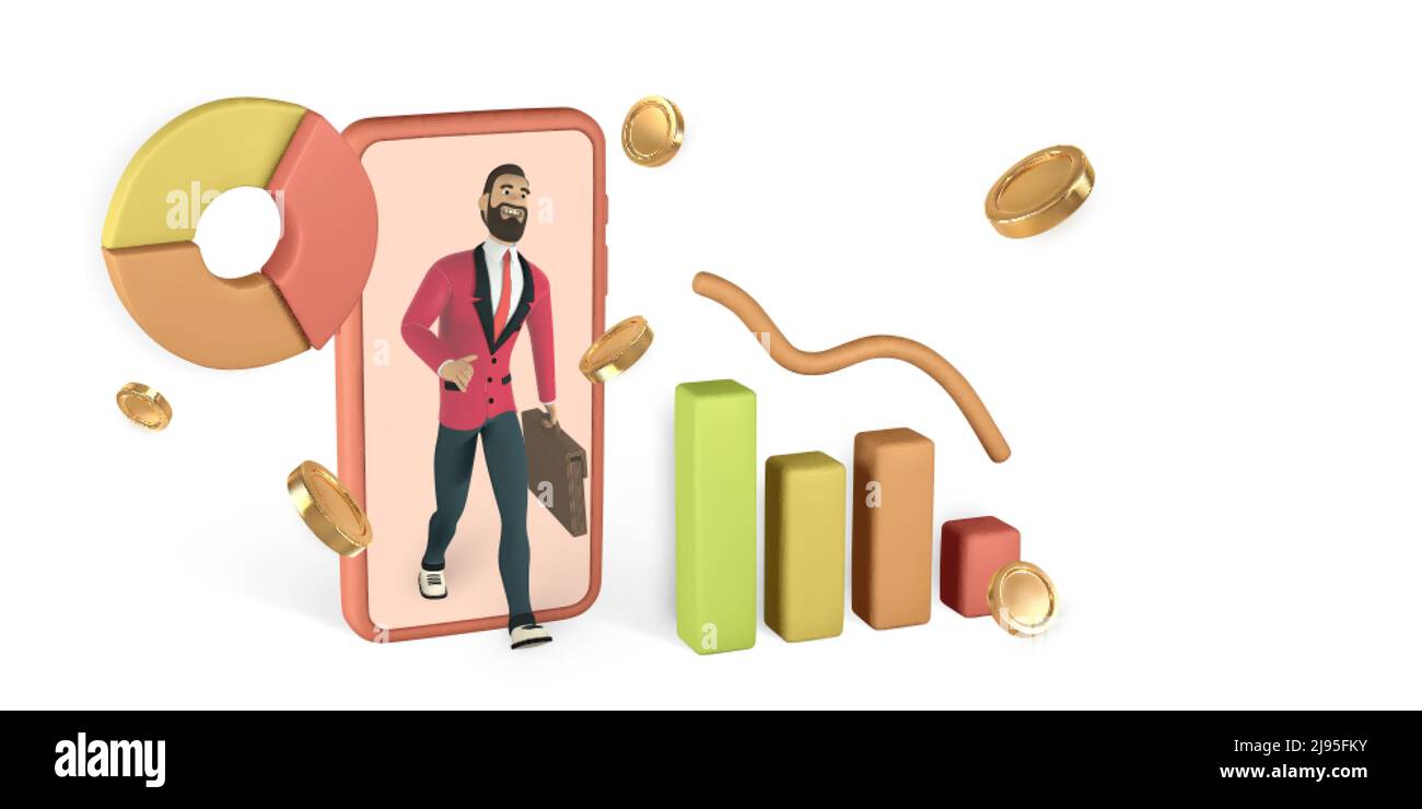 3D Cute cartoon smart phone with stock trading graph. Business graph ...