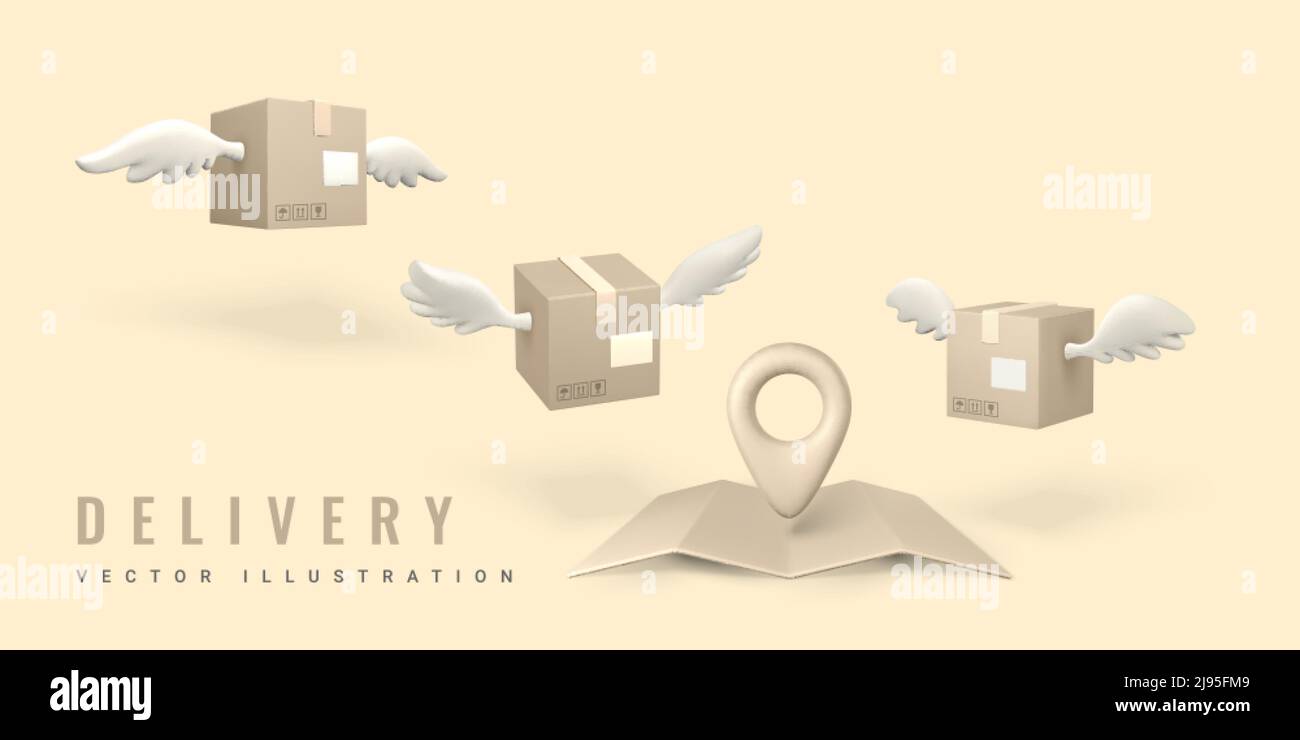 3d parcels with wings fly to the point of destination. Delivery service ...