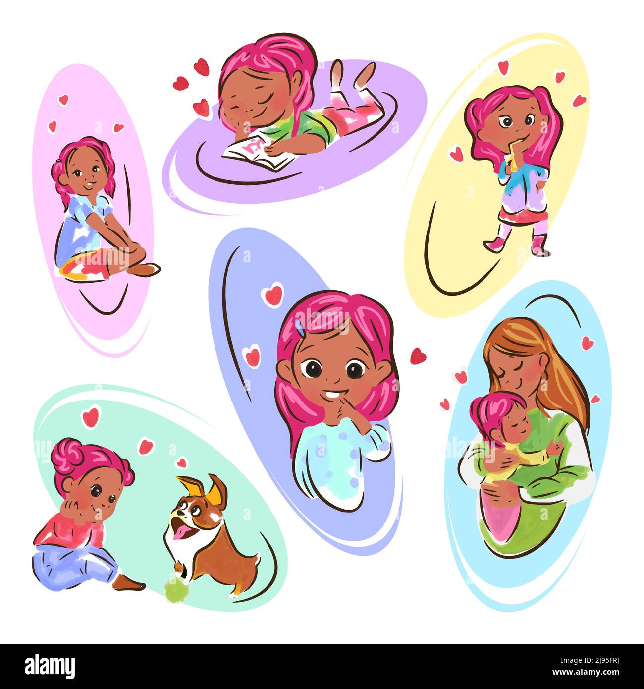 Set of the little girl with mom and little dog playing and drawing ...