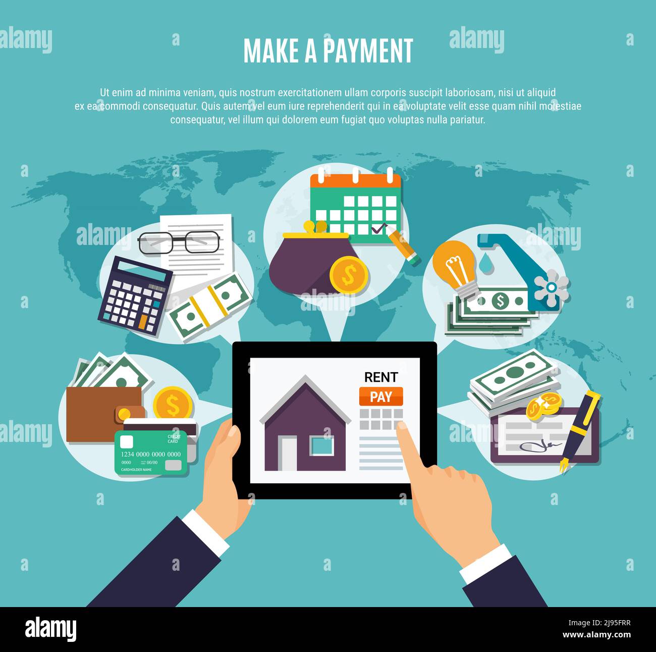 Money flat concept with make a payment headline and app in laptop ...