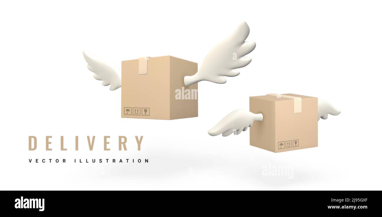 3d flying parcel with wings. Carton delivery packaging. Delivery ...