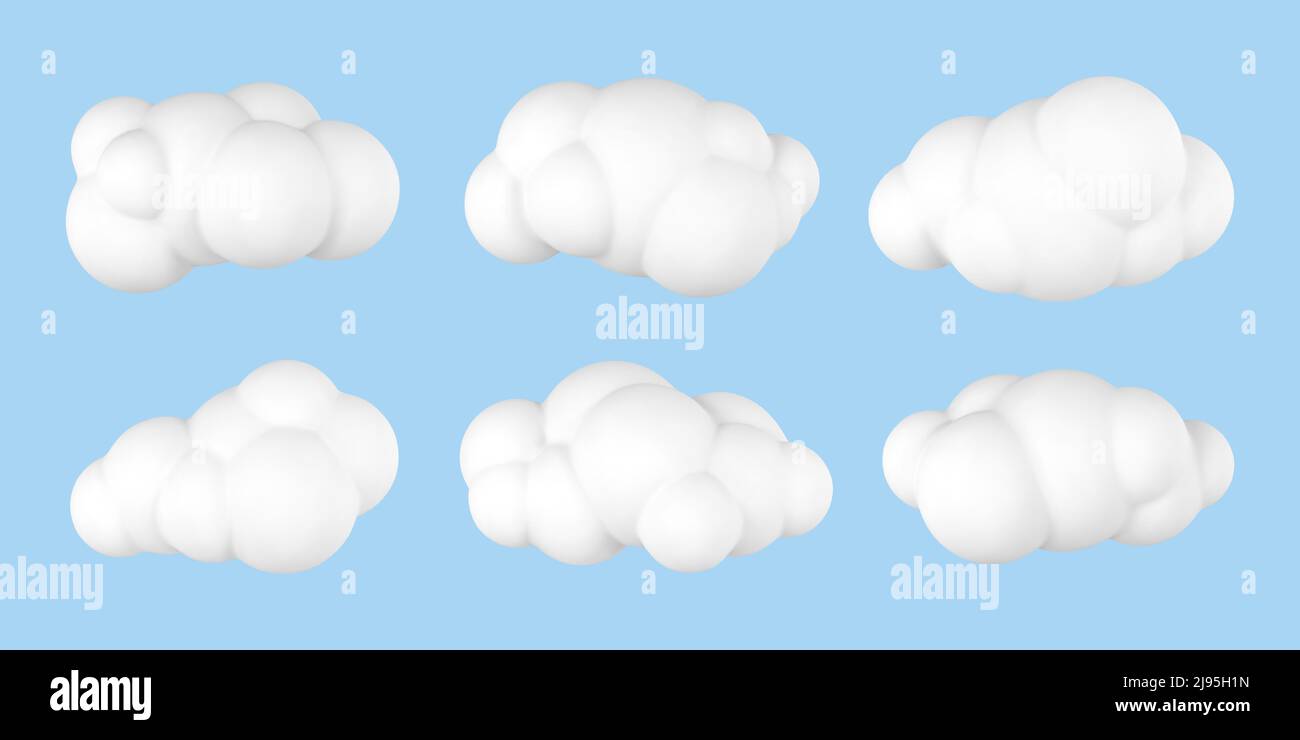 3d plastic clouds. Set of round cartoon fluffy clouds isolated on a ...