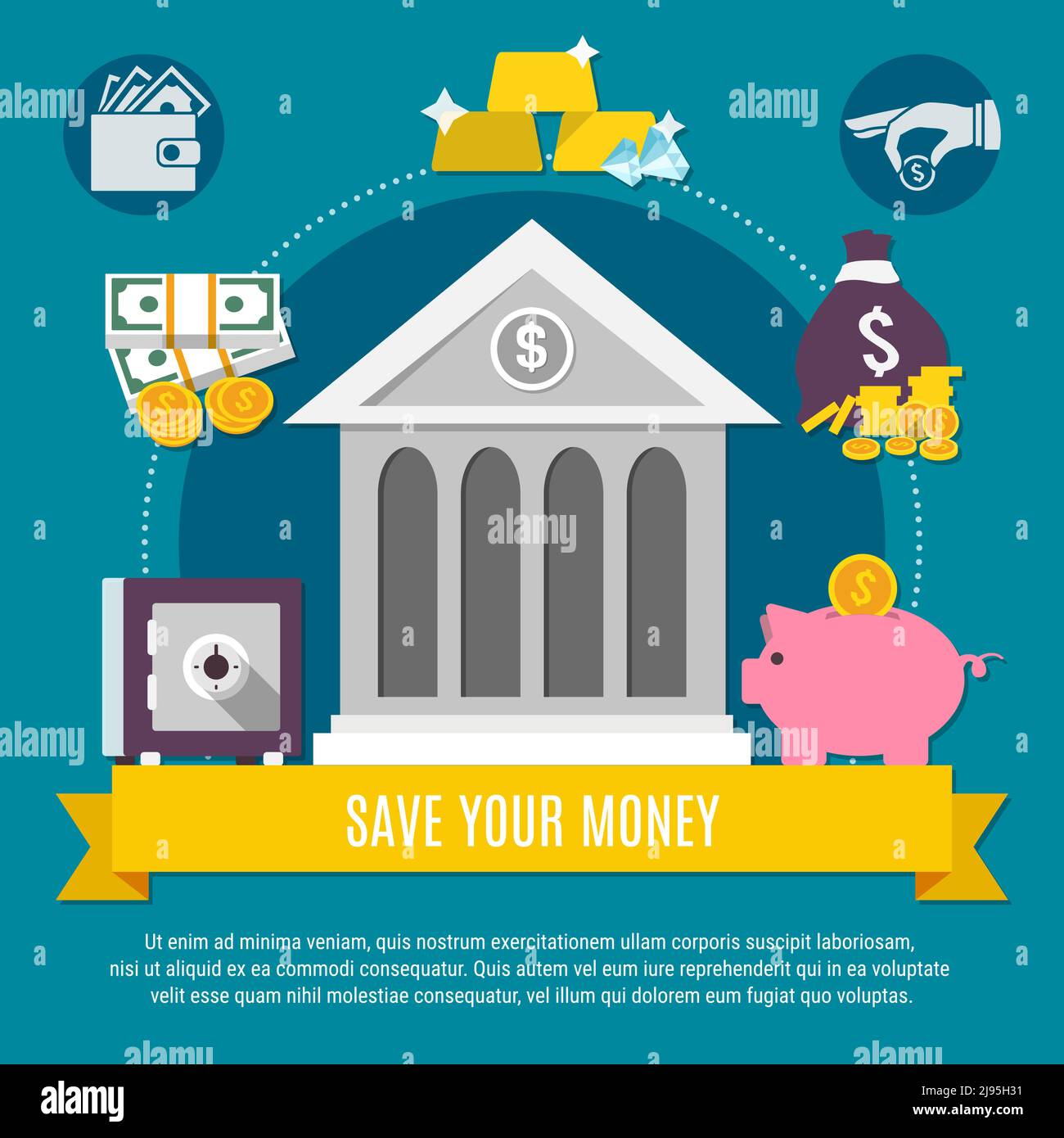 Money flat flyer with save your money description on the yellow ribbon ...