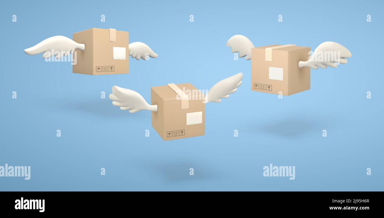 3d flying parcel with wings. Carton delivery packaging. Delivery ...