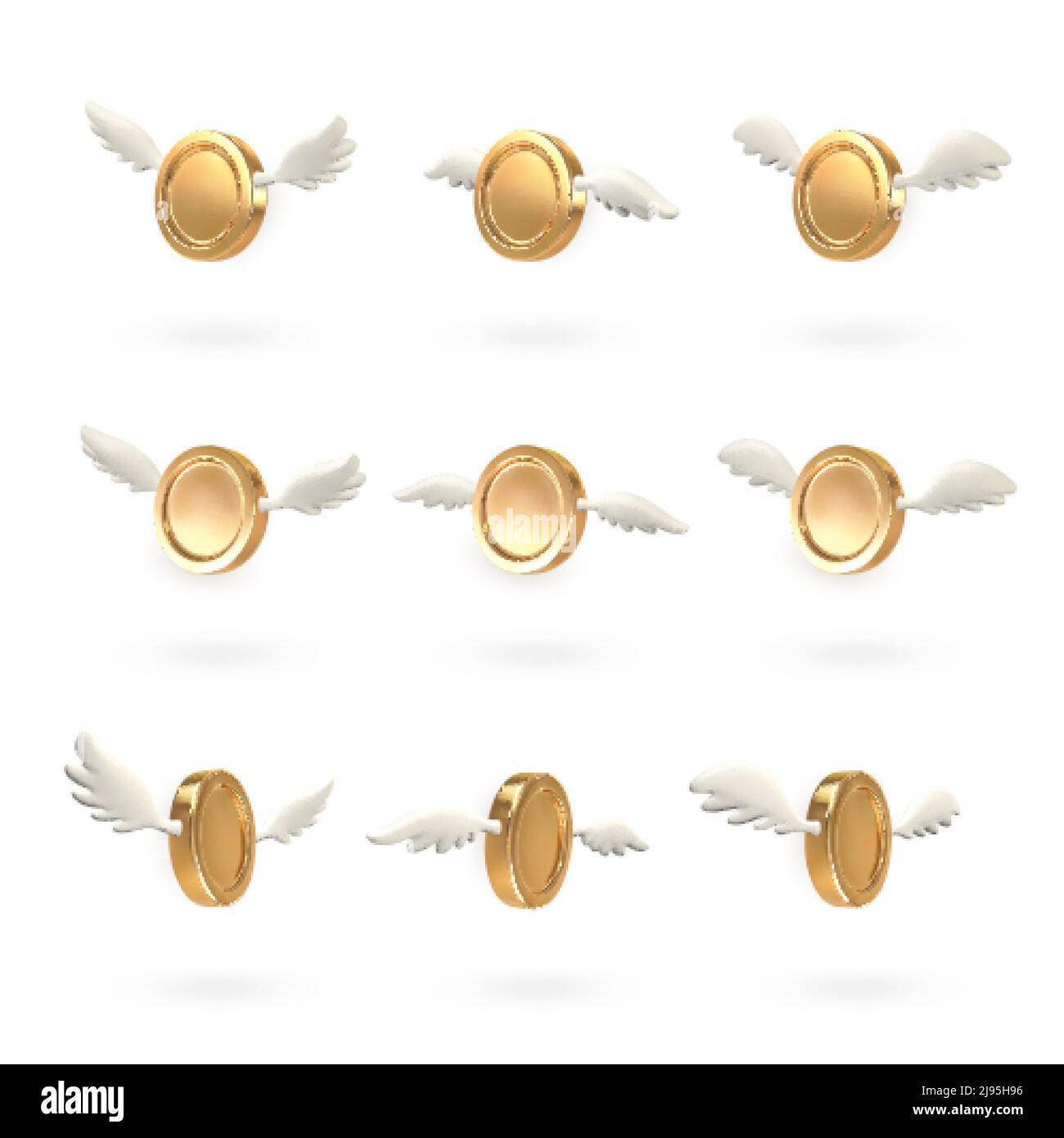 Set of 3d flying golden coin with wings isolated on a white background ...