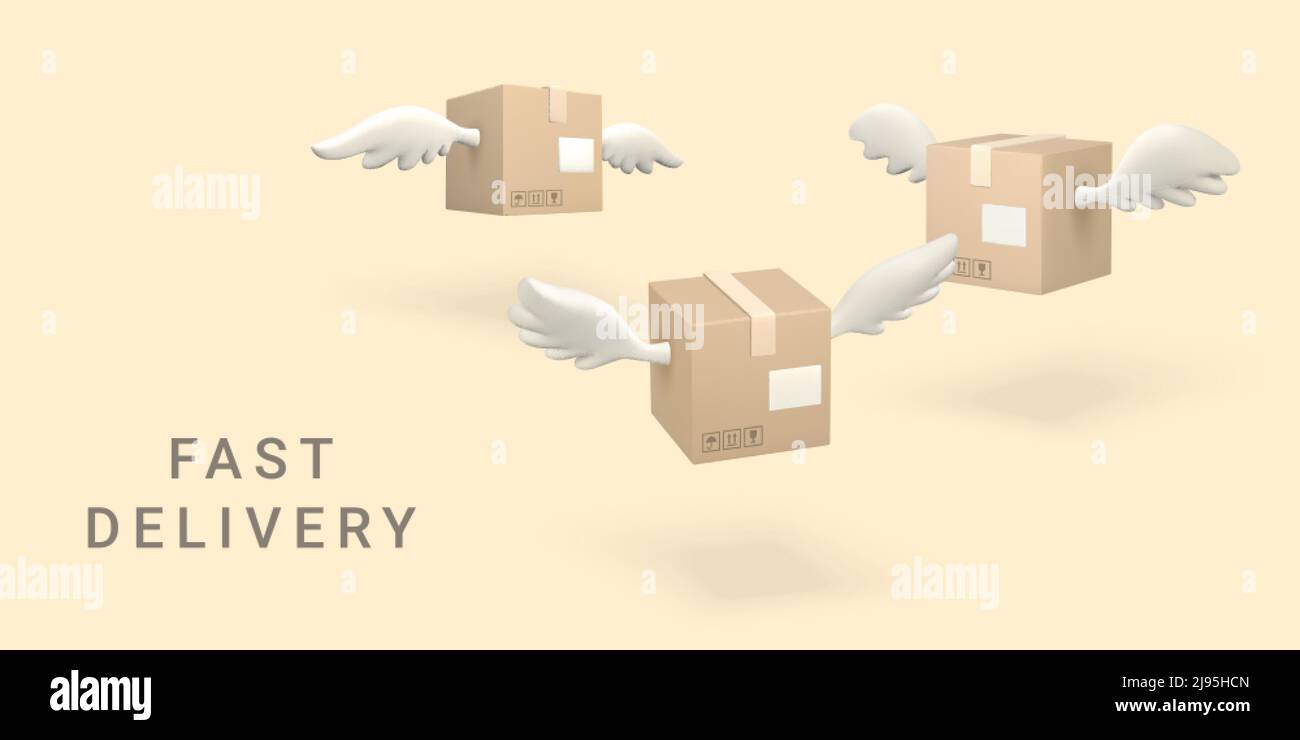 3d flying cardboard box with wings. Carton delivery packaging. Delivery ...