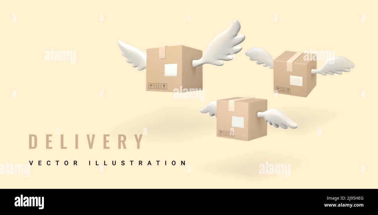 3d flying cardboard box with wings. Carton delivery packaging. Delivery ...