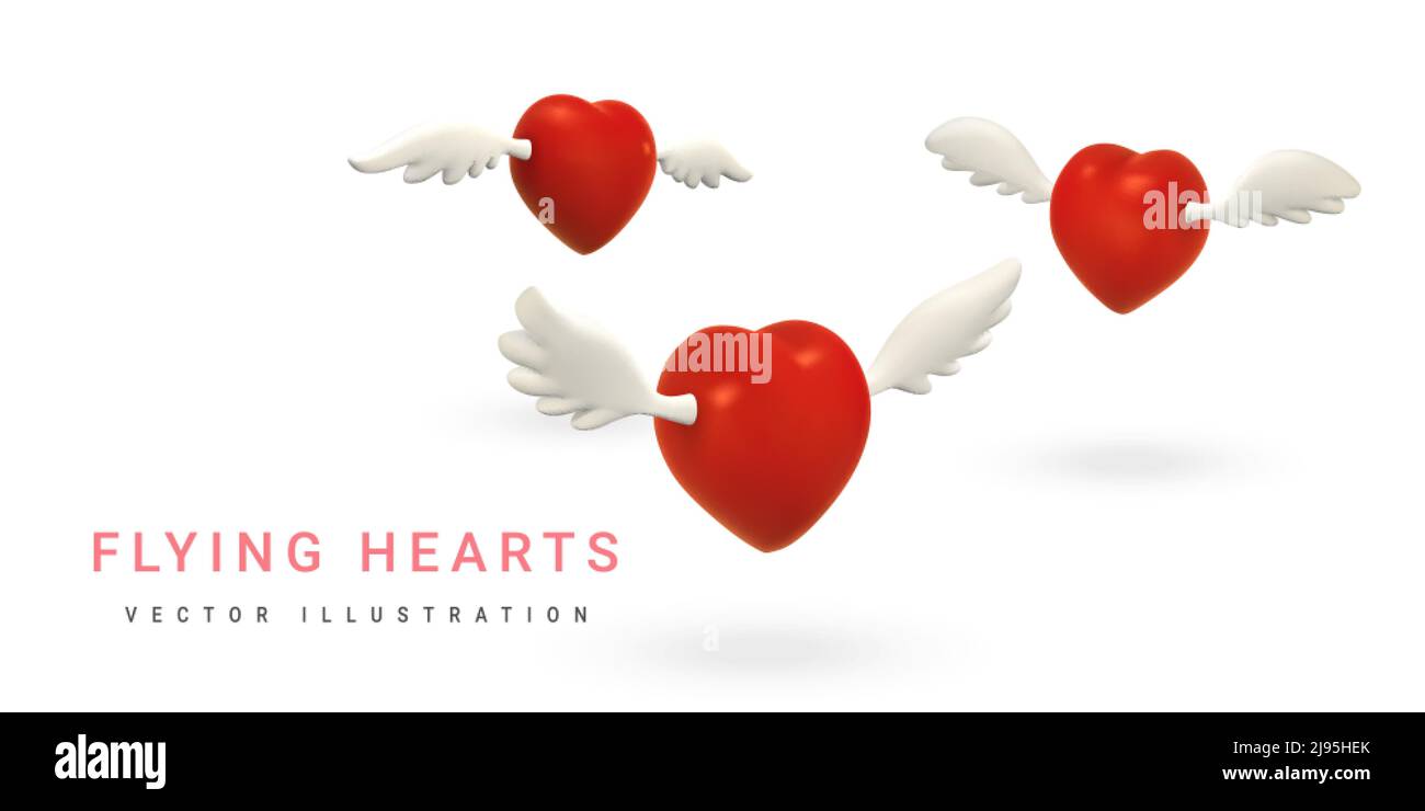 3d flying red hearts with wings on light background. Valentines day ...