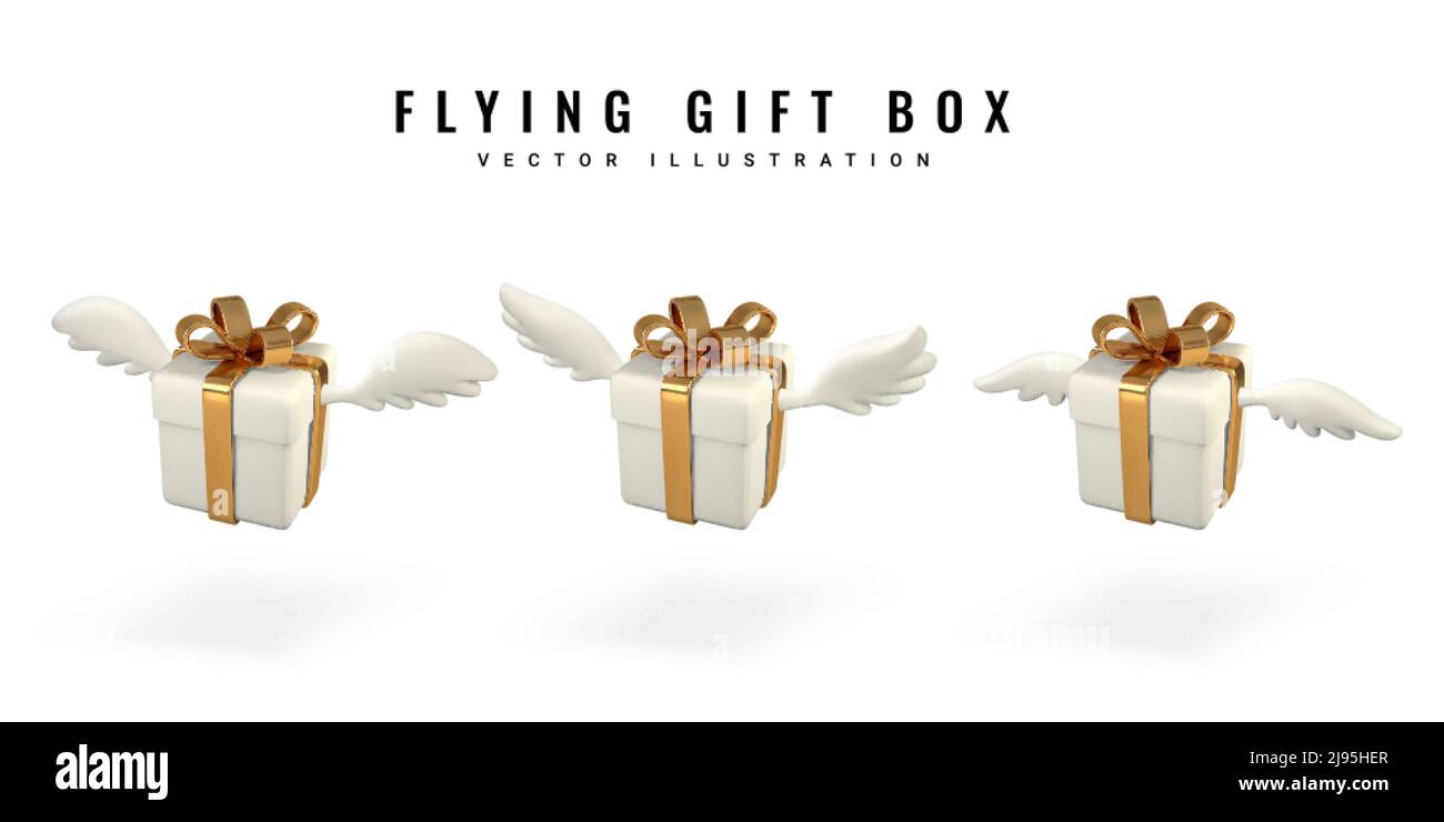 Set of three 3d flying gift boxes with wings on white background ...