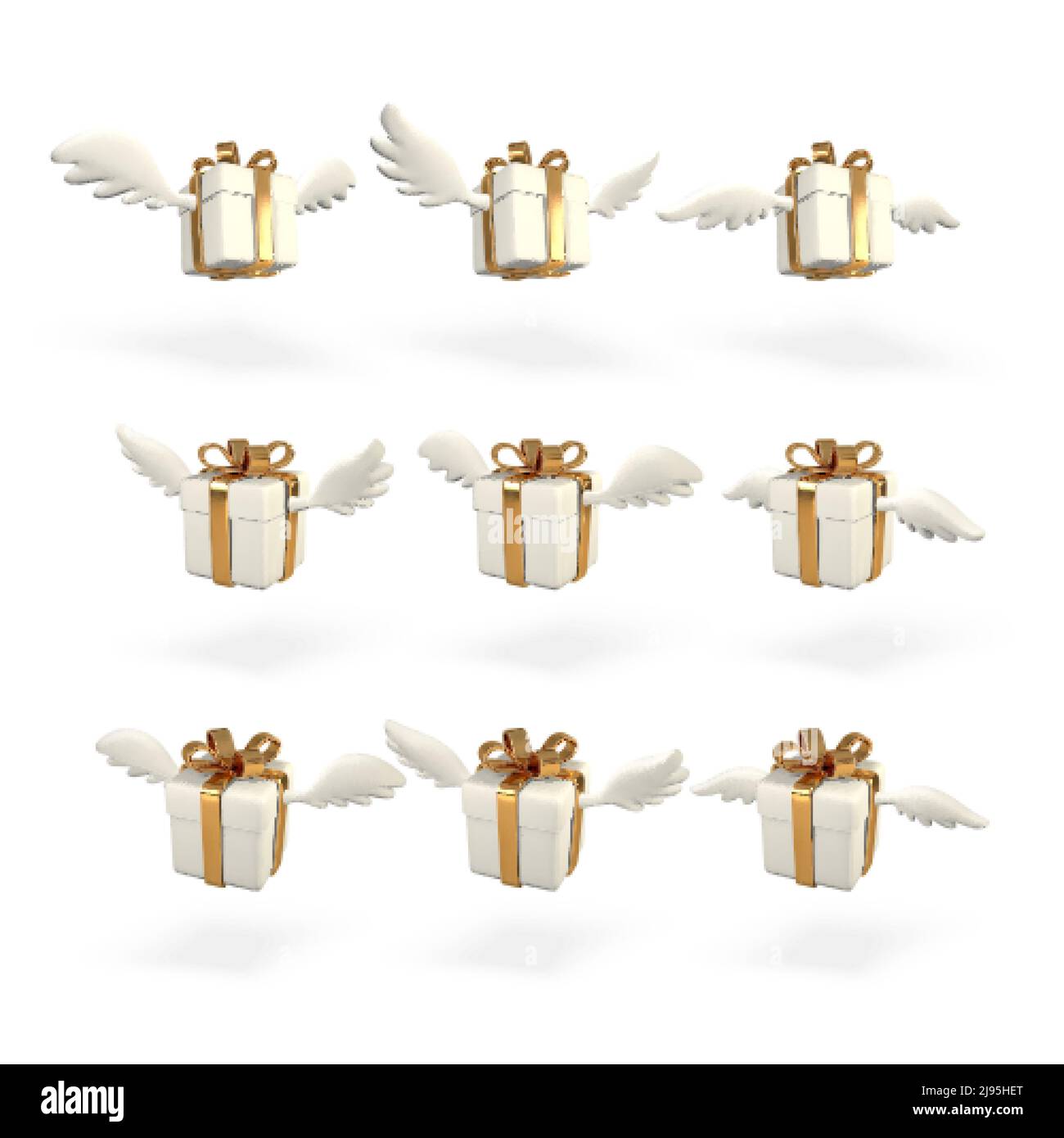 Set of nine 3d flying gift boxes with wings on white background ...