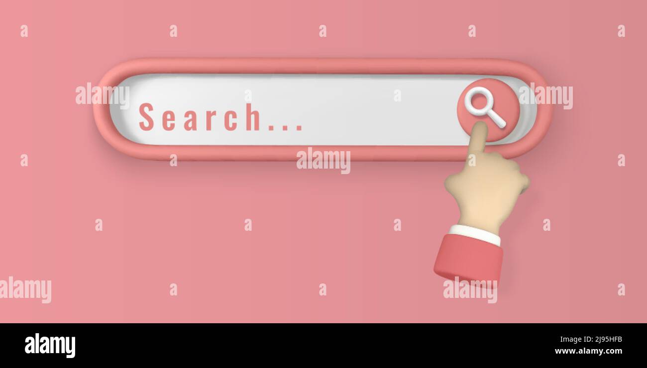 Realistic 3d search bar design element with hand pointing in cartoon ...