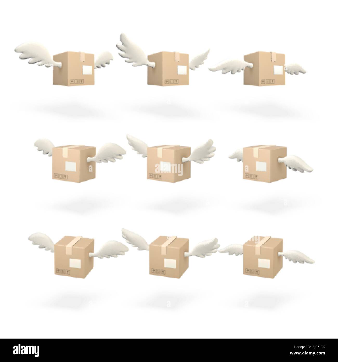 Set of 3d flying cardboard box with wings. Carton delivery packaging ...