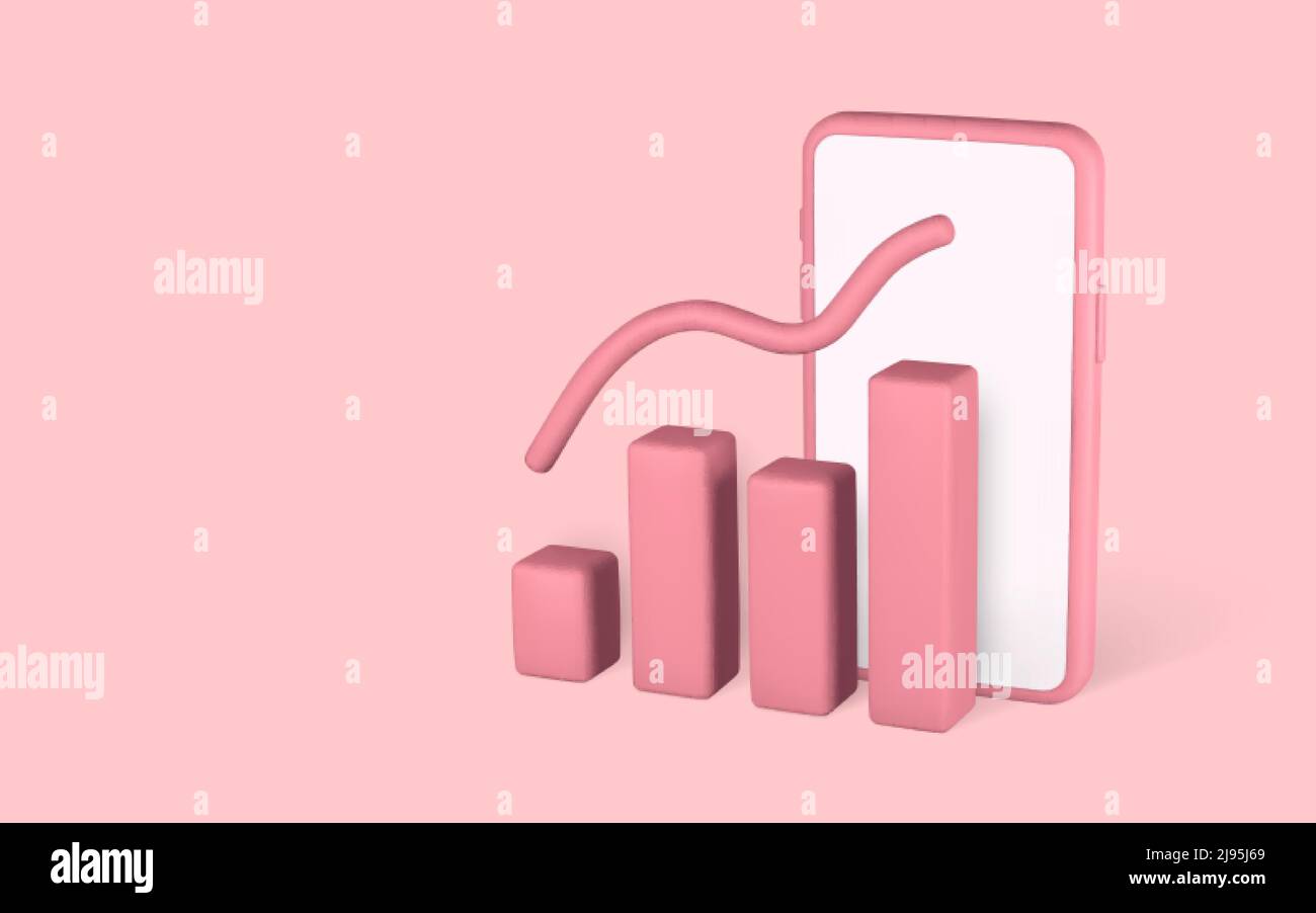 3D Cute cartoon mobile smart phone with statistics finance chart graph ...