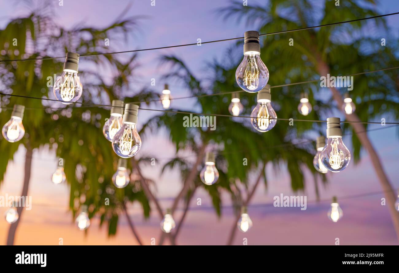 3D illustration of light bulbs hanging on wires against exotic palms ...