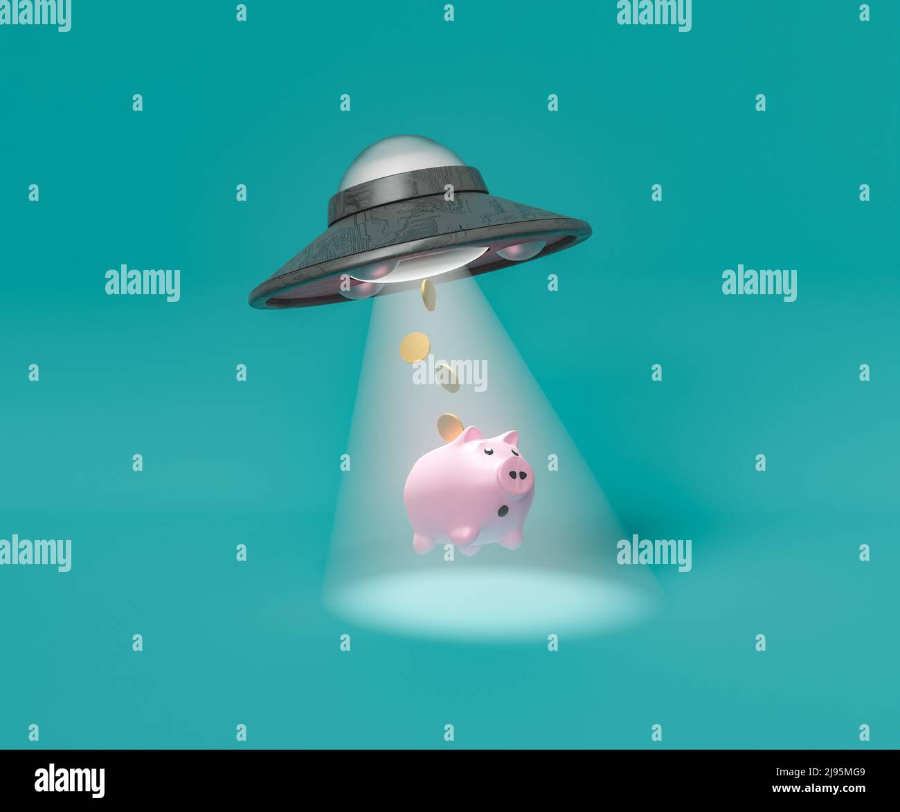 3D illustration of UFO flying against turquoise background using beam ...