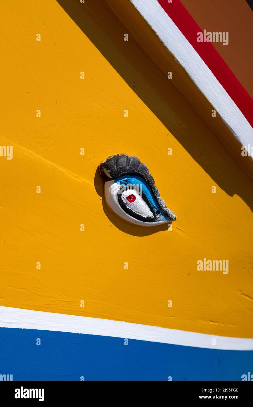 Traditional eye design and paint colours on fishing boat, Marsaxlokk ...