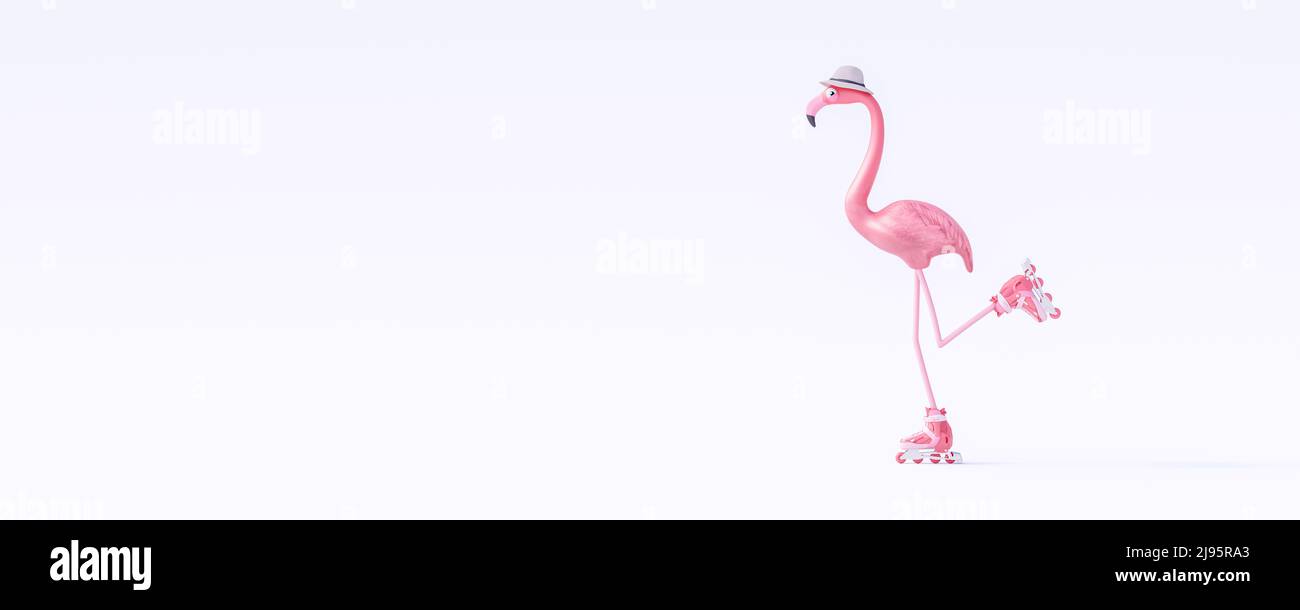 Pink flamingo rides roller skates isolated on white background. Summer ...