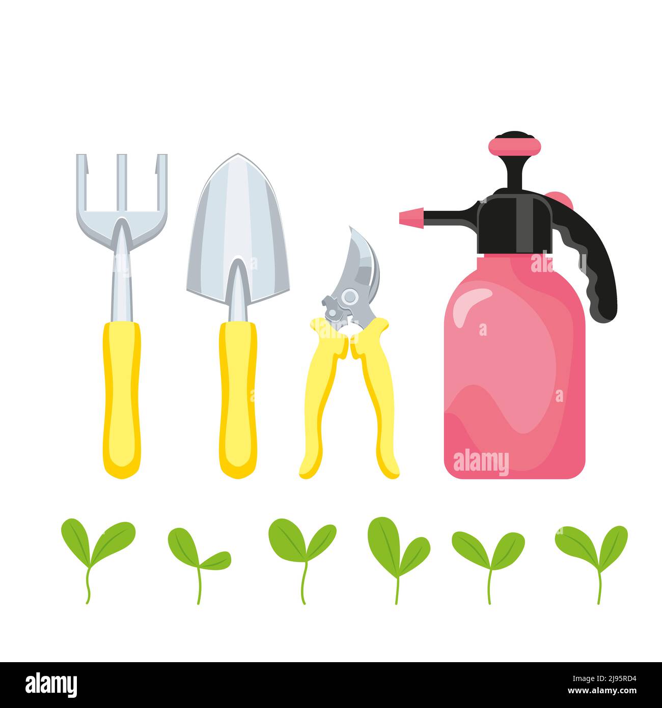 Vector set of gardening tool images. Care instruction symbols. Flat ...