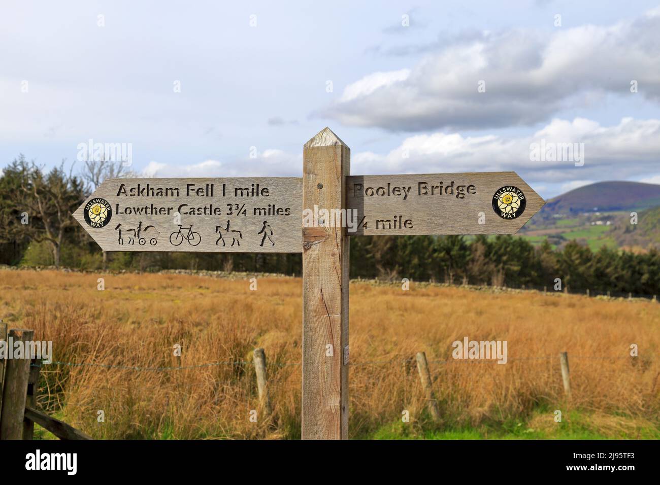 Wooden signpost on the Ullswater Way above Pooley Bridge, Lake District ...