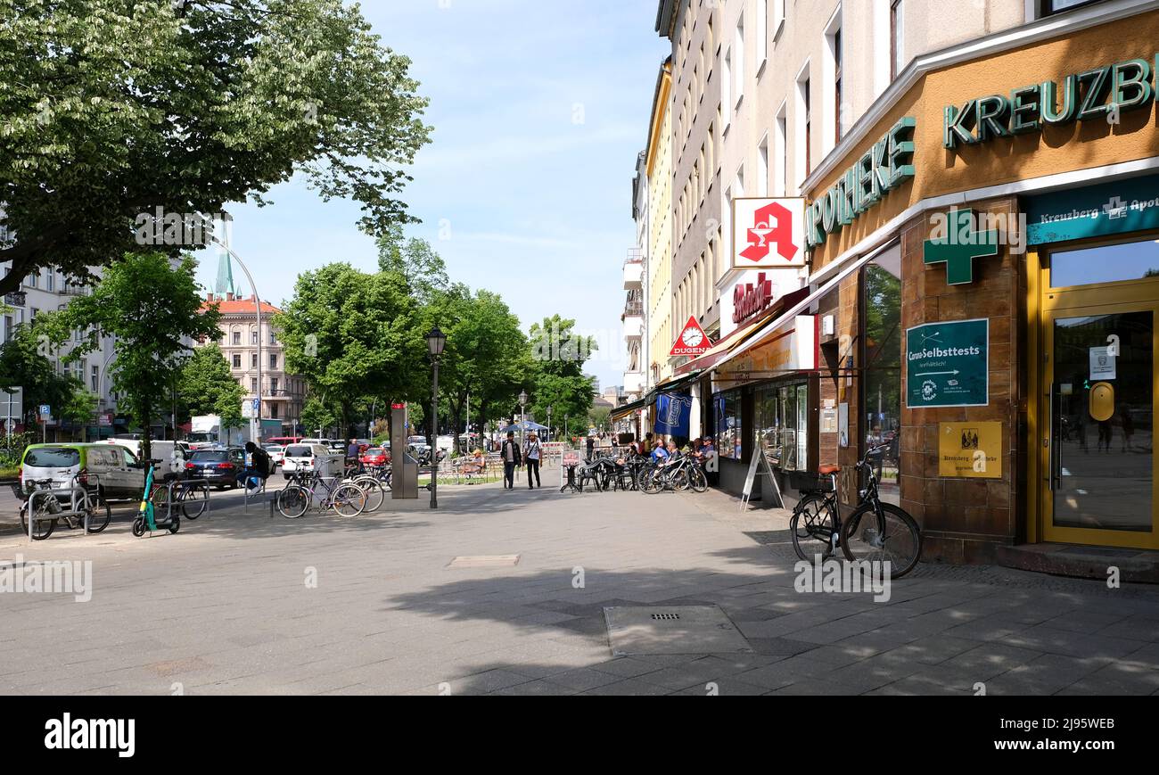 Berlin, Germany, May 19, 2022, Early summer street scene on Mehringdamm ...