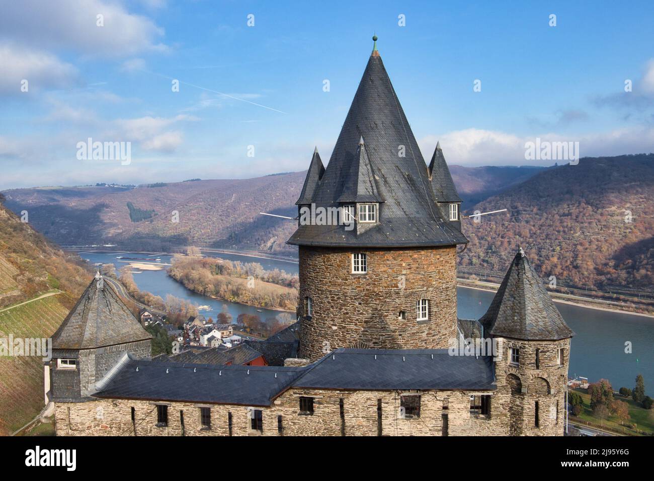 Top of Stahleck Castle with towers in Bacharach, Germany overlooking ...