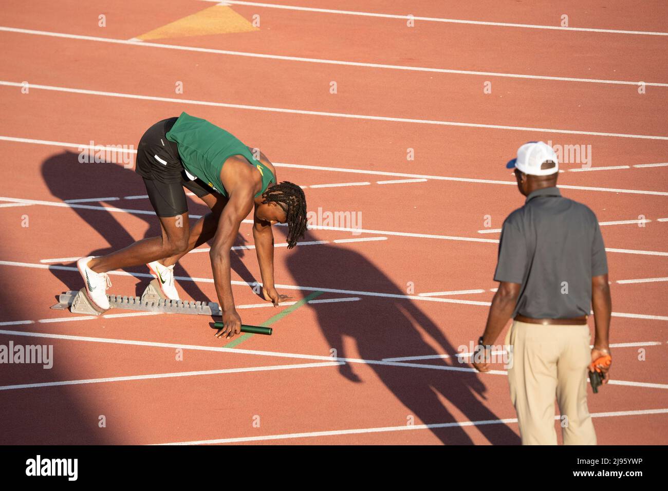 Austin Texas USA, May 13, 2022: Sprinter in the starting block at the ...