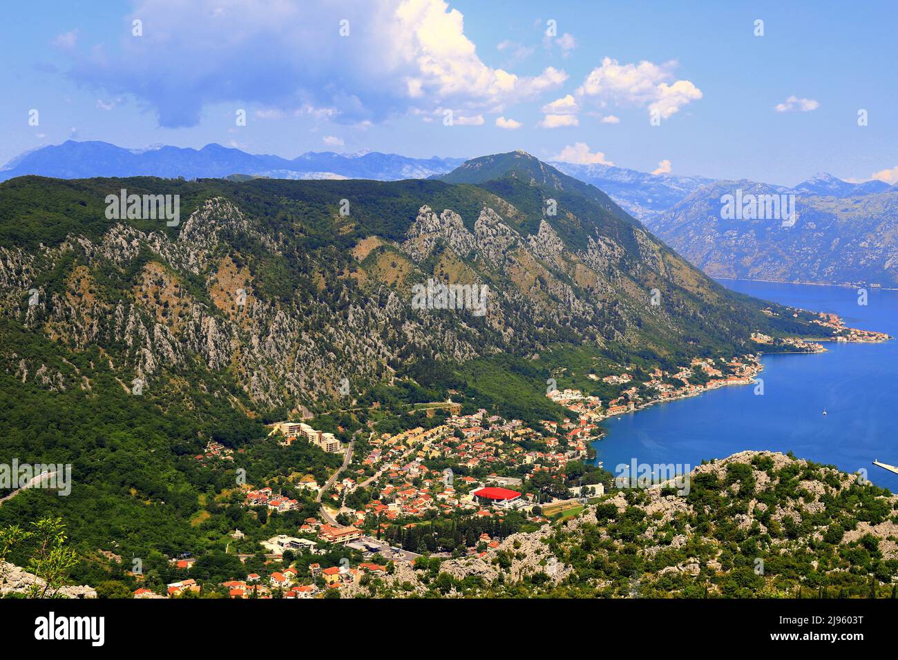 Full top view of beautiful Kotor Bay and old city Kotor surrounded by ...