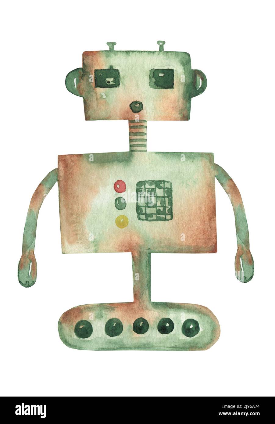 Watercolor Cute Green Robot clipart, Machine, Cartoon clip art, Kids ...
