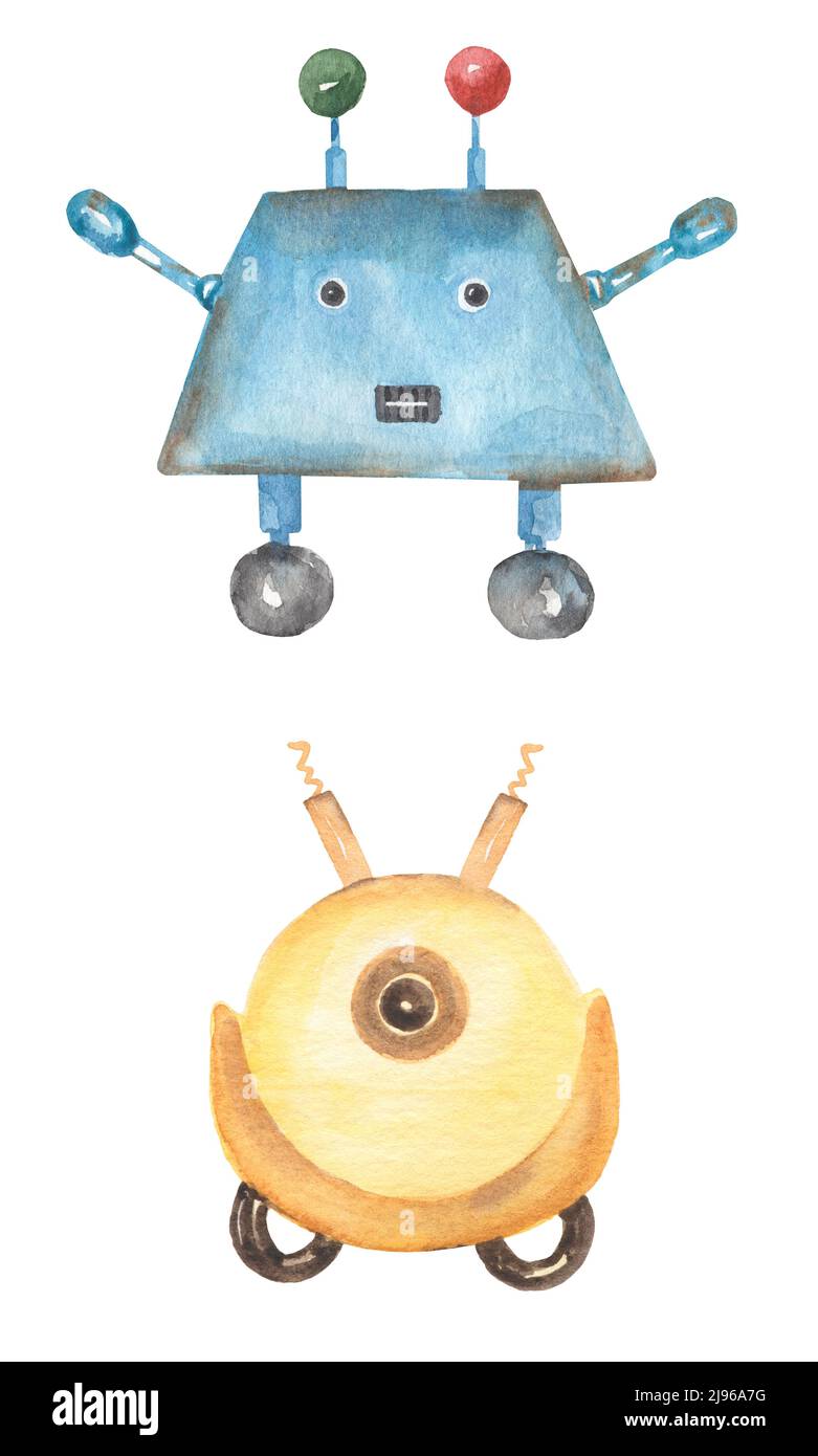 Watercolor Cute Old Robot clipart set, Machine, Cartoon clip art, Kids ...