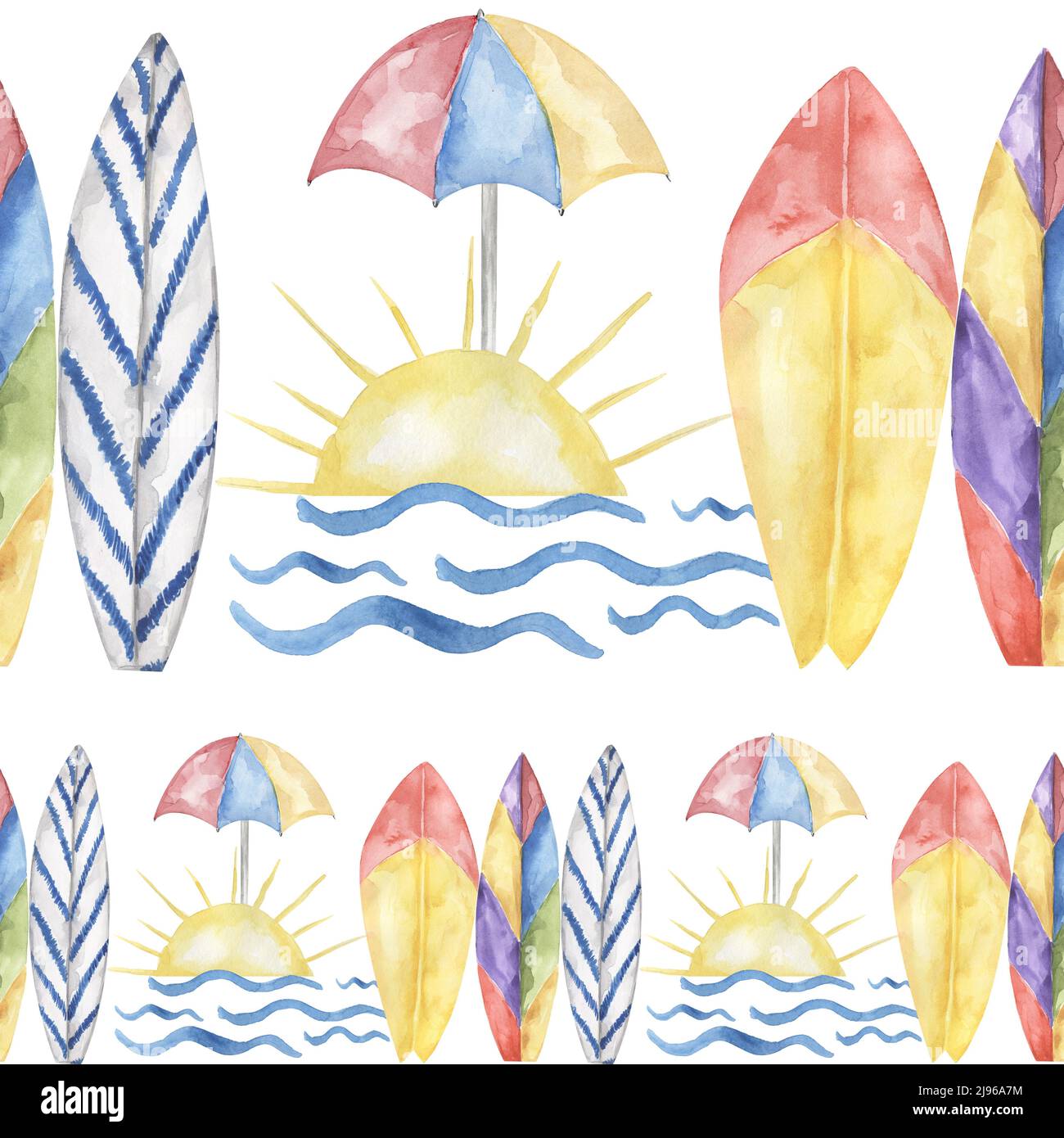 Watercolor summer beach seamless border, cute beach frame with surf ...