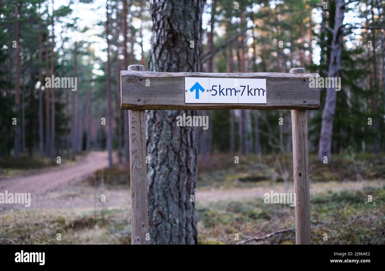 A wooden pole with an indicator of the direction and distance of a ...