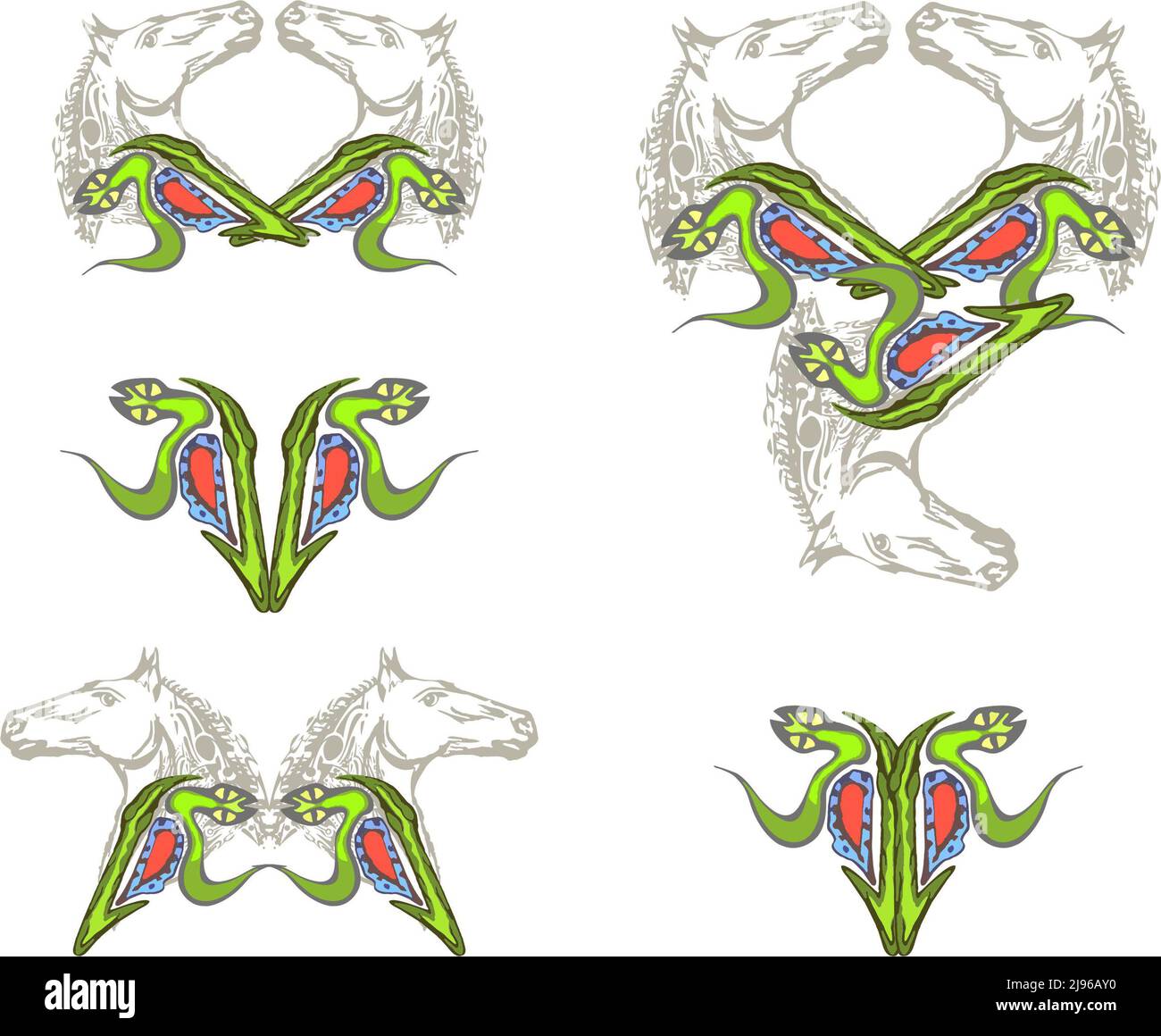 Horse head and green snake symbols for prints or fashion trends. Horse ...