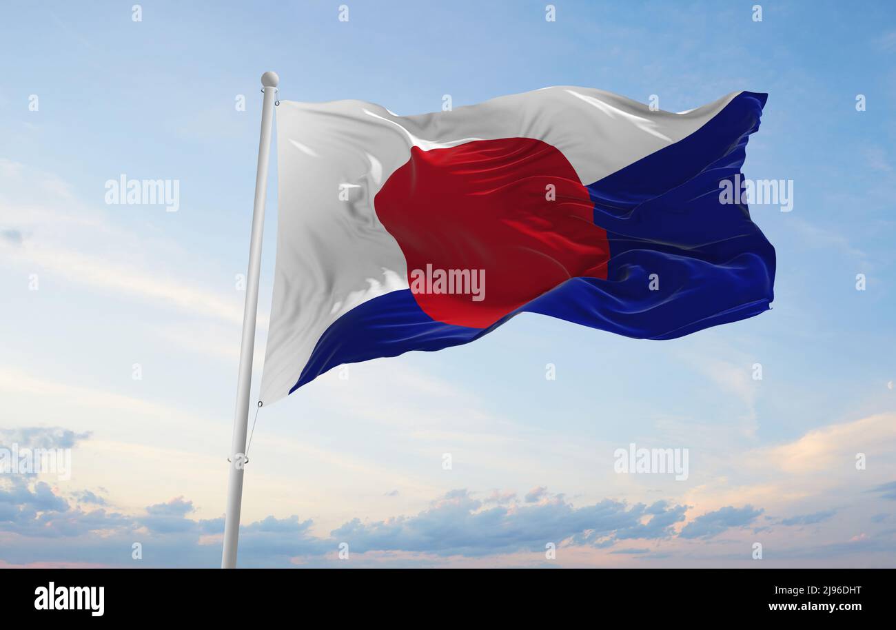 official flag of Customs , Japan at cloudy sky background on sunset ...