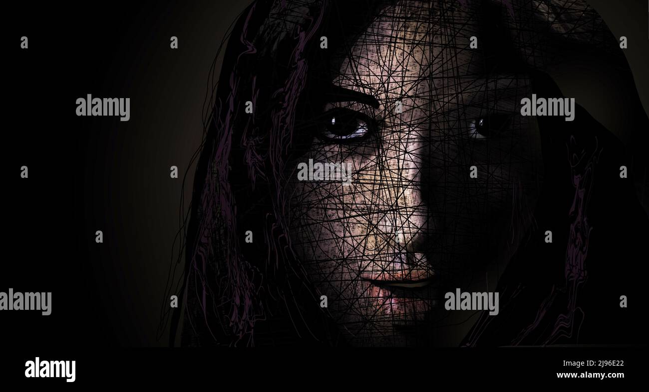 Criss crossing lines make a veil over a young woman’s face in this 3-d ...