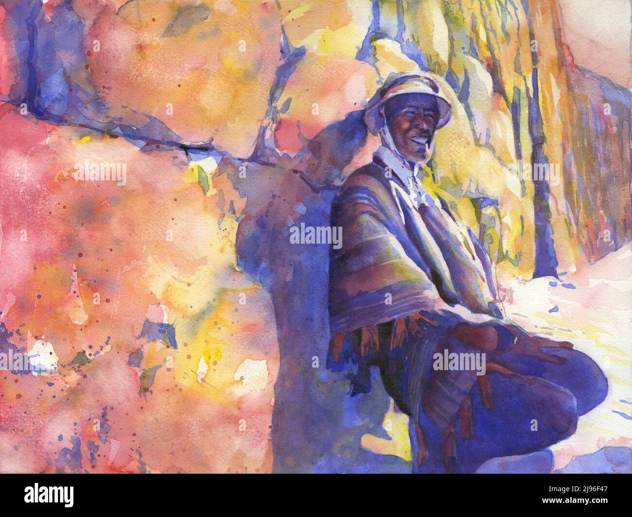 Quechua man in traditional garb in the Sacred Vallley, Peru. Watercolor ...
