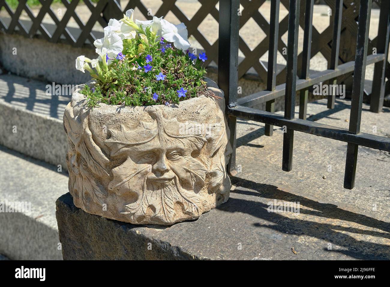 A cast cement flower pot featuring a classic face decorates the facade ...