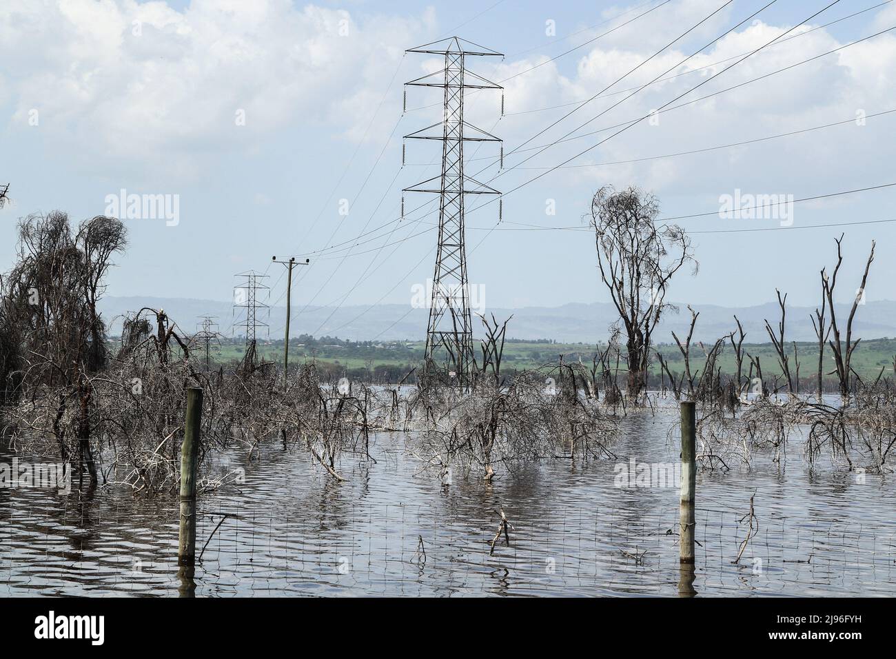 Nakuru, Kenya. 16th May, 2022. A view of submerged high voltage ...