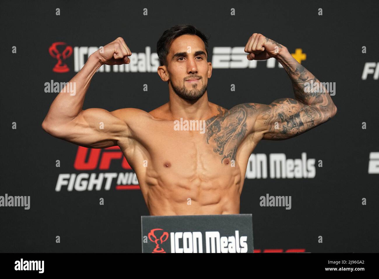 Las Vegas, USA. 20th May, 2022. LAS VEGAS, NV - May 20: Omar Morales steps on the scale for the ...