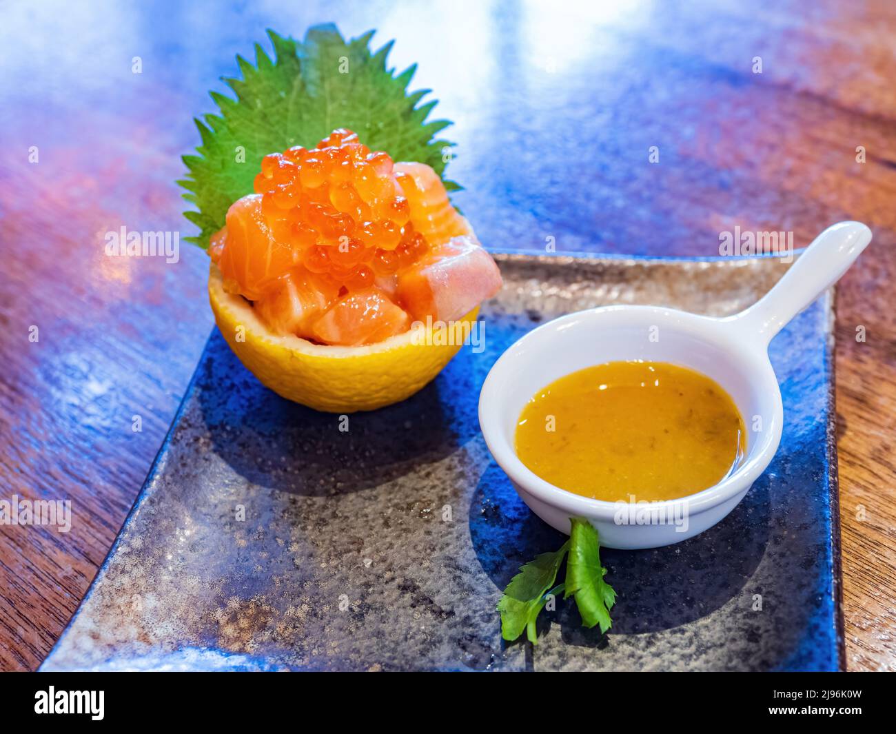 Close up shot of salmon roe and Sashimi with yuzu sauce at Las Vegas ...