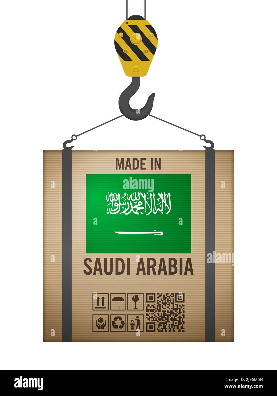 Hooked cardboard box made in Saudi Arabia on a white background. Vector ...