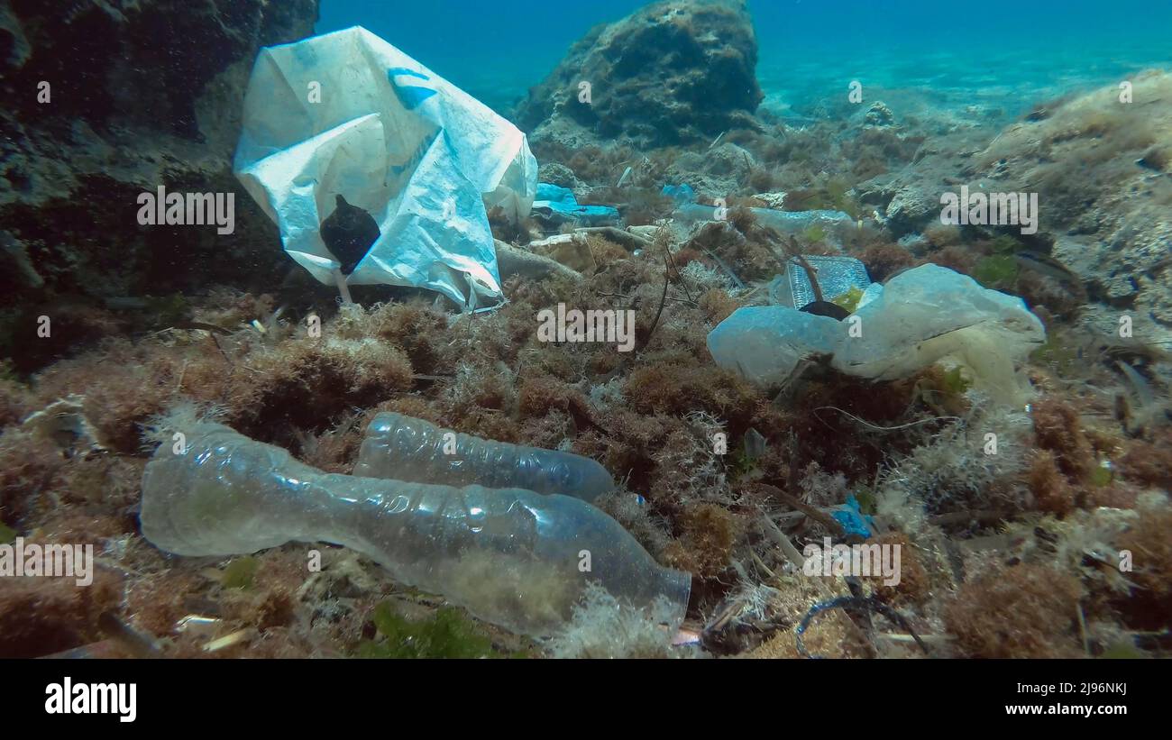 Mediterranean Sea, Rhodes, Greece. 26th Mar, 2019. Massive plastic ...