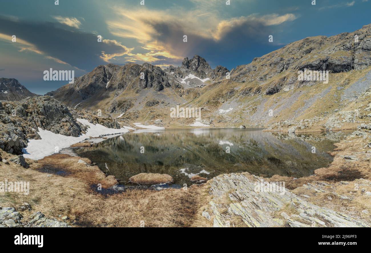 A landscape with mountain lake with non-real sky post produced Stock ...