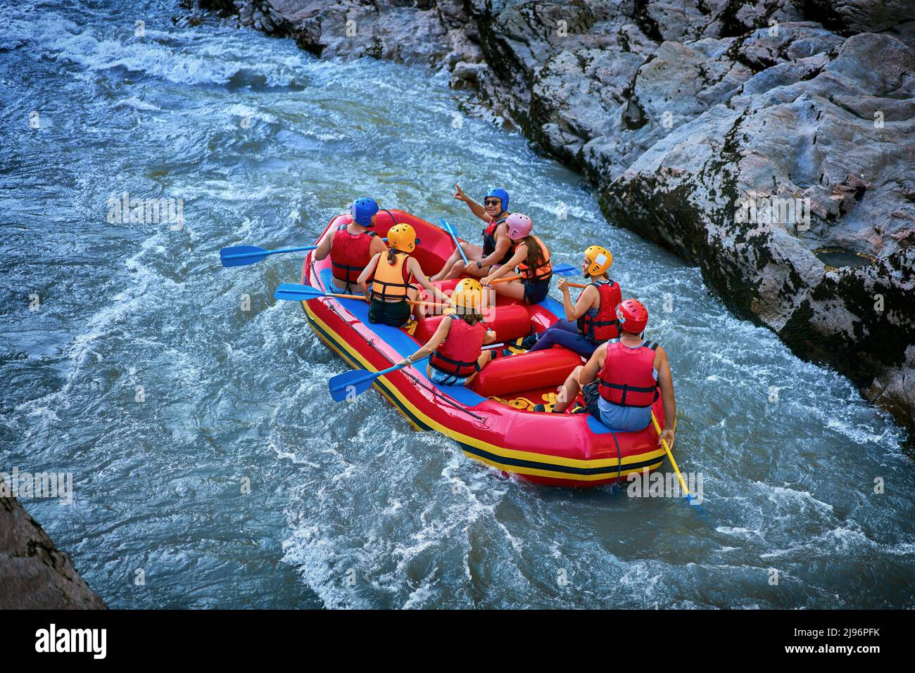 large team is rafting on the river Stock Photo - Alamy