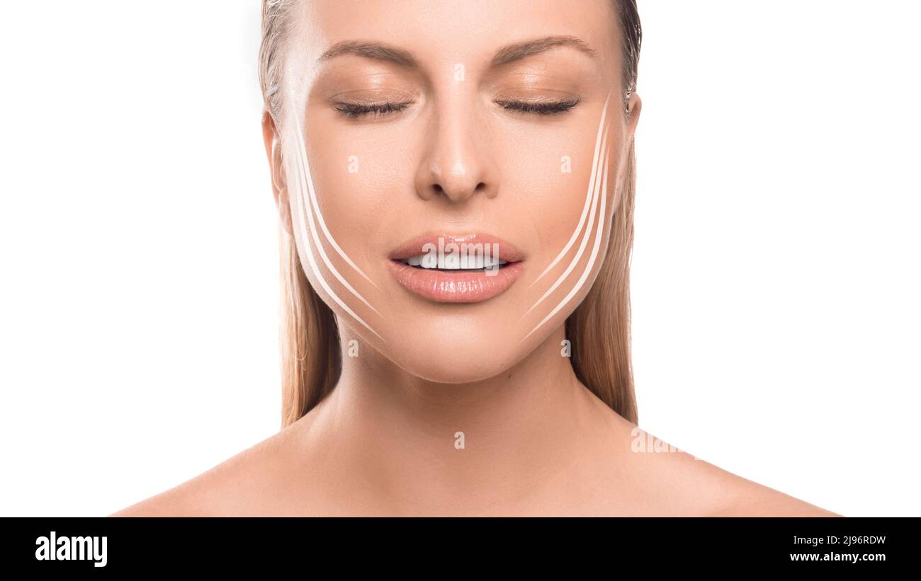 Portrait of attractive woman with cosmetic lines on her face over white ...