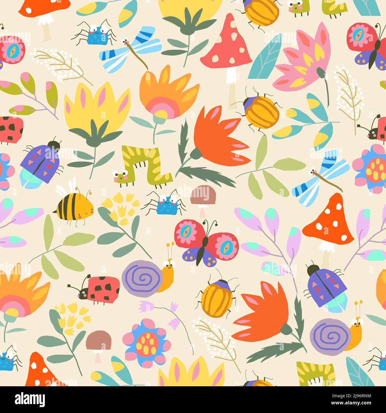 Seamless Pattern with Insects in Summer Plants and Flowers Stock Vector ...