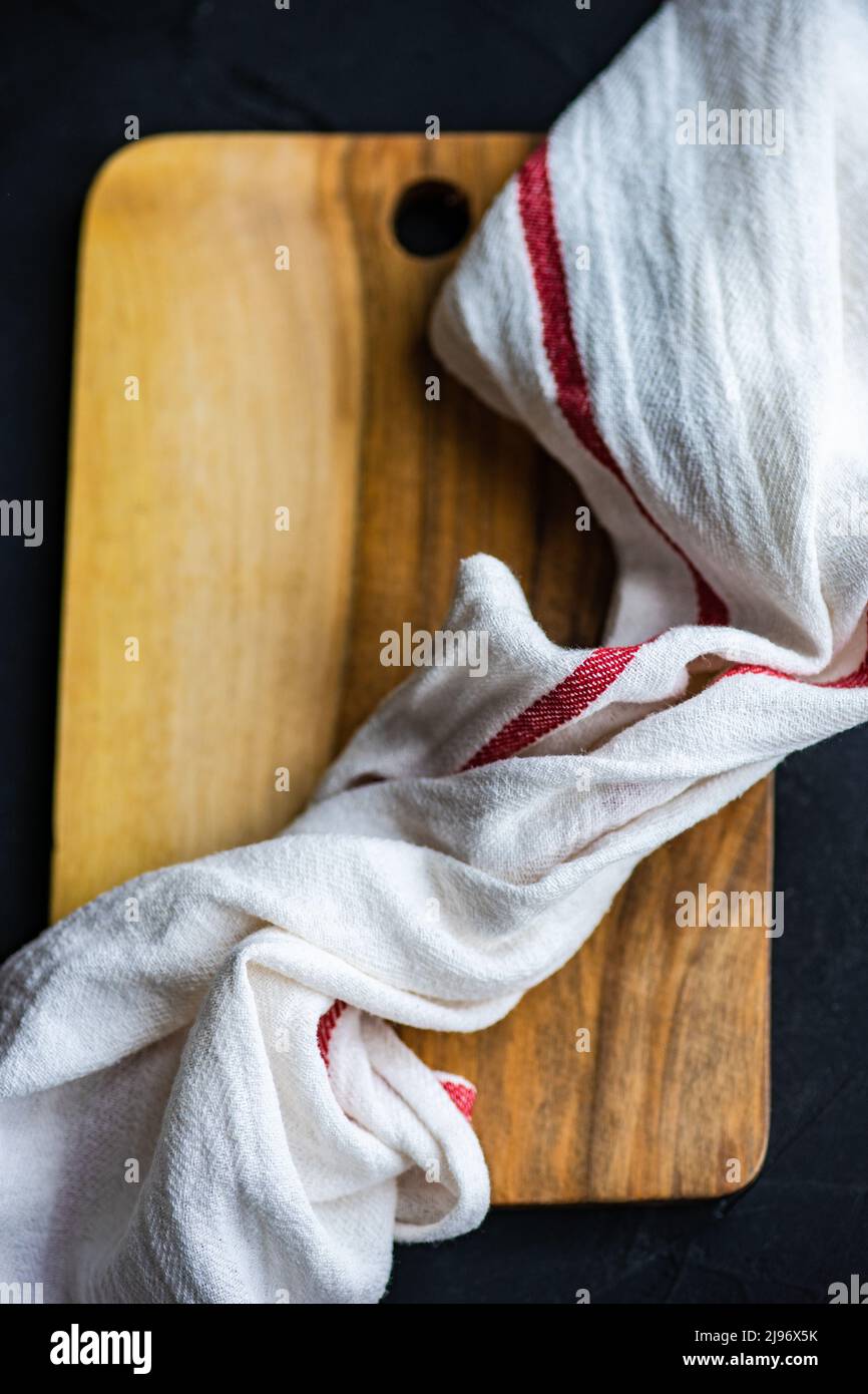 Useful kitchen cooking stuff on rustic table Stock Photo - Alamy