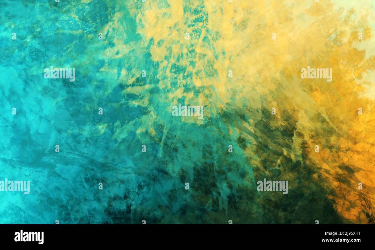 Blue green turquoise and yellow textured artsy painting background ...