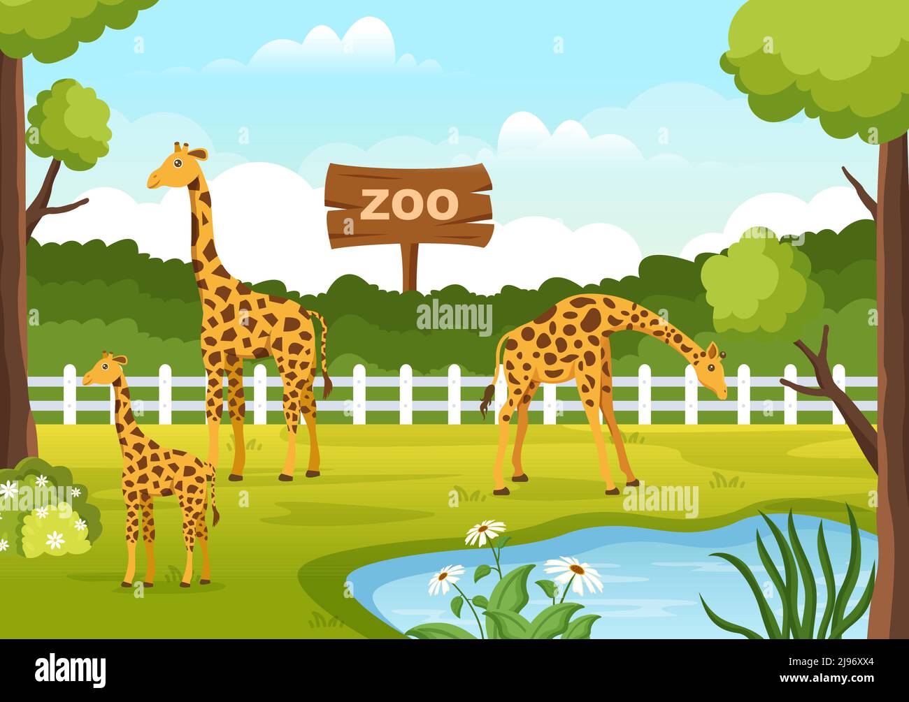 Zoo Cartoon Illustration with Safari Animals Giraffe, Cage and Visitors ...