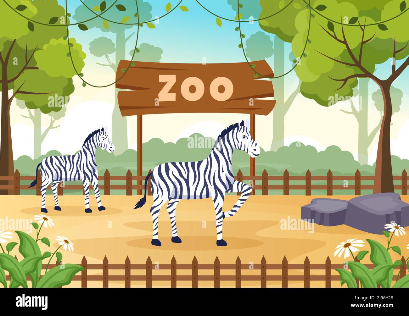 Zoo Cartoon Illustration with Safari Animals Zebra, Cage and Visitors ...