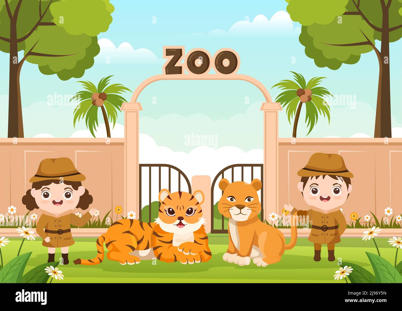 Zoo Cartoon Illustration with Safari Animals Lion, Tiger, Cage and ...